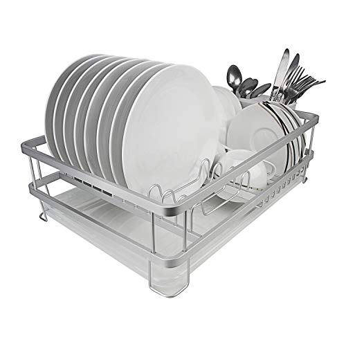 Evelyne GMT-10408 Aluminum Dish Drying Rack with Utensil Holder - Kitchen Countertop Rust Proof Dish Rack and Drainboard Set