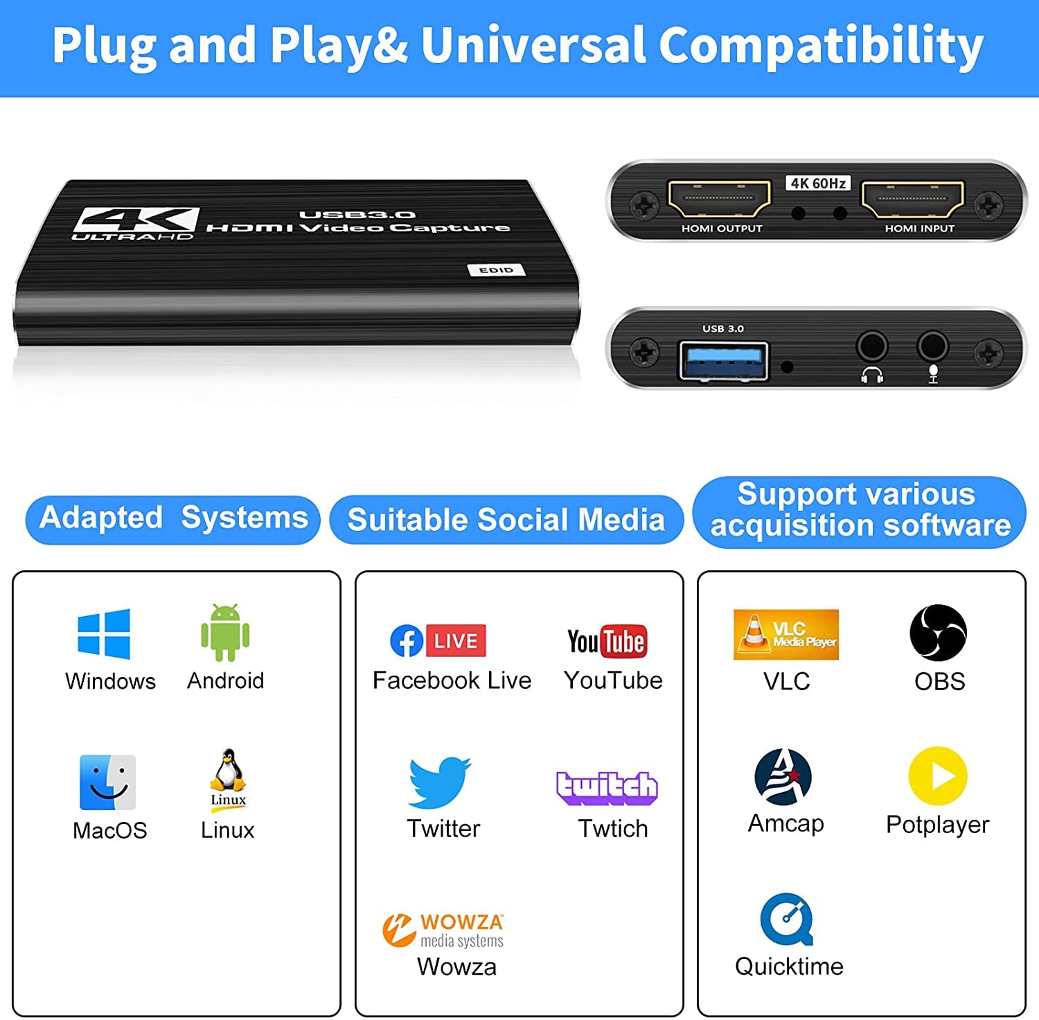 Wiistar USB Video Capture Card 1080P60FPS HDMI to USB 3.0 Audio Video Capture Device with 3.5mm Audio Out and MIC Support HDMI Loopout Game Recorder for PS4 Live Streaming