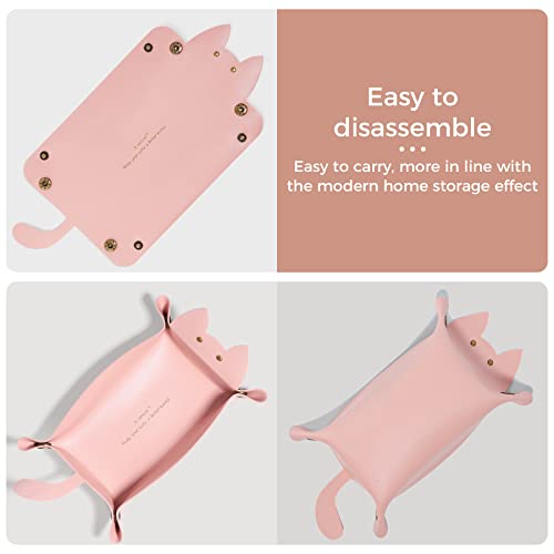 Aoyinism Cute Cat Shaped Leather Valet Tray,Premium Catchall Tray, Jewelry Tray, Decorative Desk Organizer, Foldable Portable Desk Organizer (Pink)
