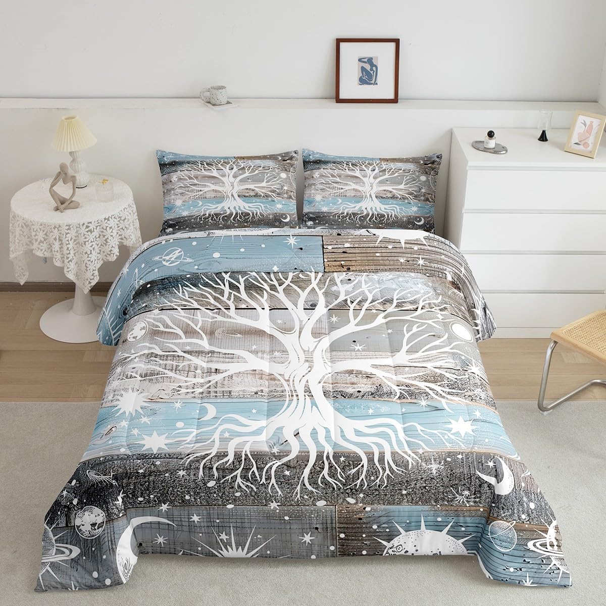 Sun and Moon Bedding Set Queen for Kids Teens Tree of Life Comforter Set, Rustic Farmhouse Duvet Insert Psychedelic Stars Down Comforter, Vintage Barn Door Bedding Comforter Sets Stripe Decor (Teal)