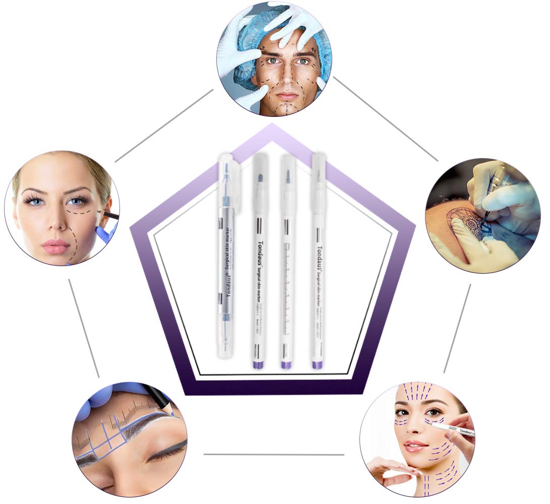 LabAider 6Pcs Professional Surgical Tip Skin Marker Pen Sterile Tattoo Stencil Markers Pen with Paper Ruler for Eyebrow, Lips - Individually Wrapped (0.5MM&1MM)