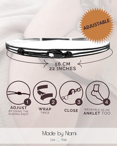 Adjustable Wrap Surfer Bracelet Women & Men - Thin String Bracelet with Snap Hook - Nautical Maritime Beach Jewelry - Handmade & Waterproof - Birthday Gift for Him (Black Black)
