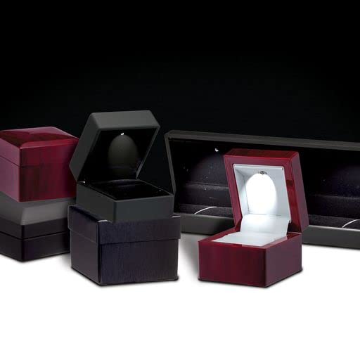Allure - Luxury Ring Box With LED Light, Authentic Mahogany Wood With White Leatherette Insert, Square Elegant Diamond Ring Case, For Unique Proposal Or Wedding, Small Jewelry Display Gift Box.