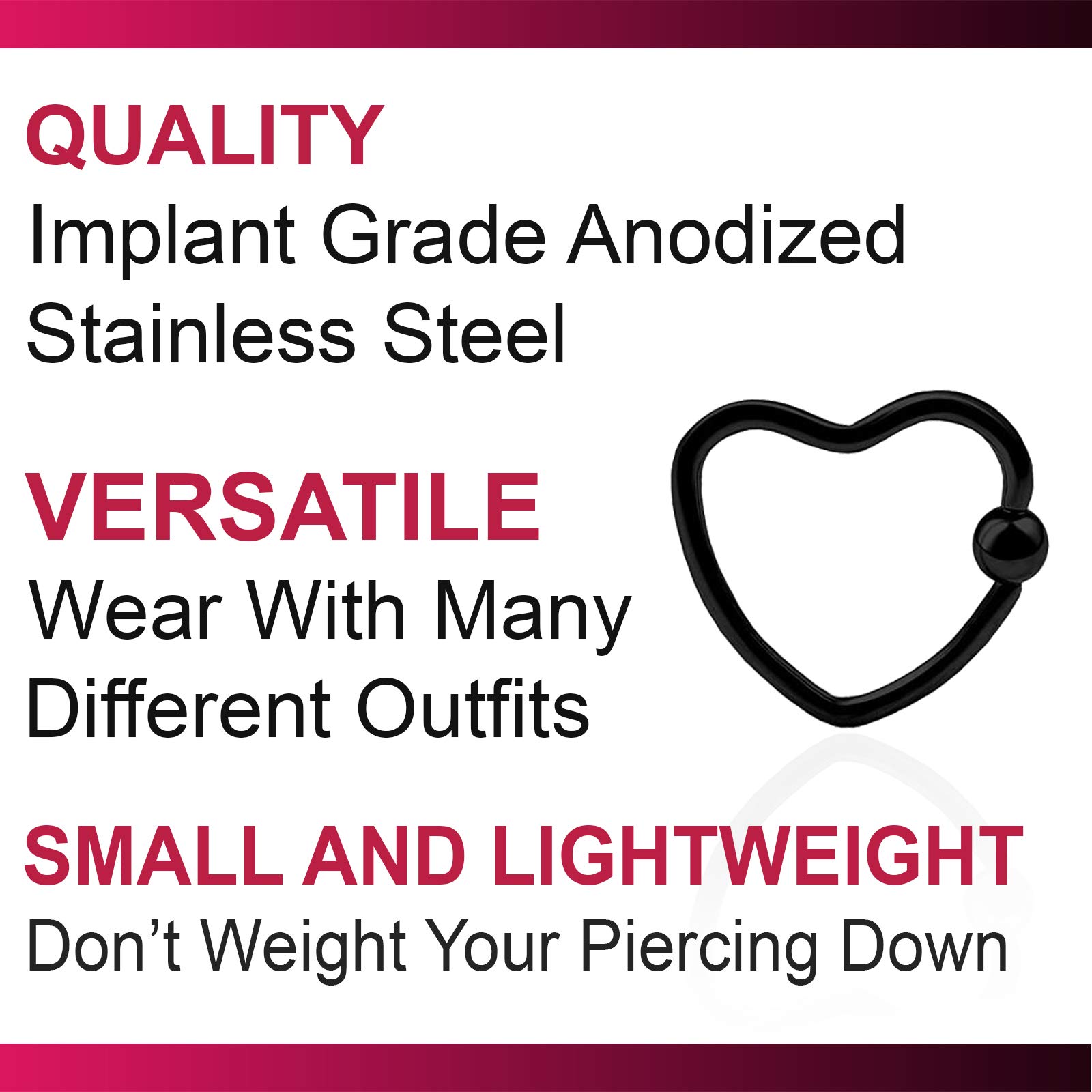 2pcs 16g Heart Hoop Earring CBR Captive Bead Rings Cartilage Daith Rook Helix Anodized Surgical Steel Auricle - Black