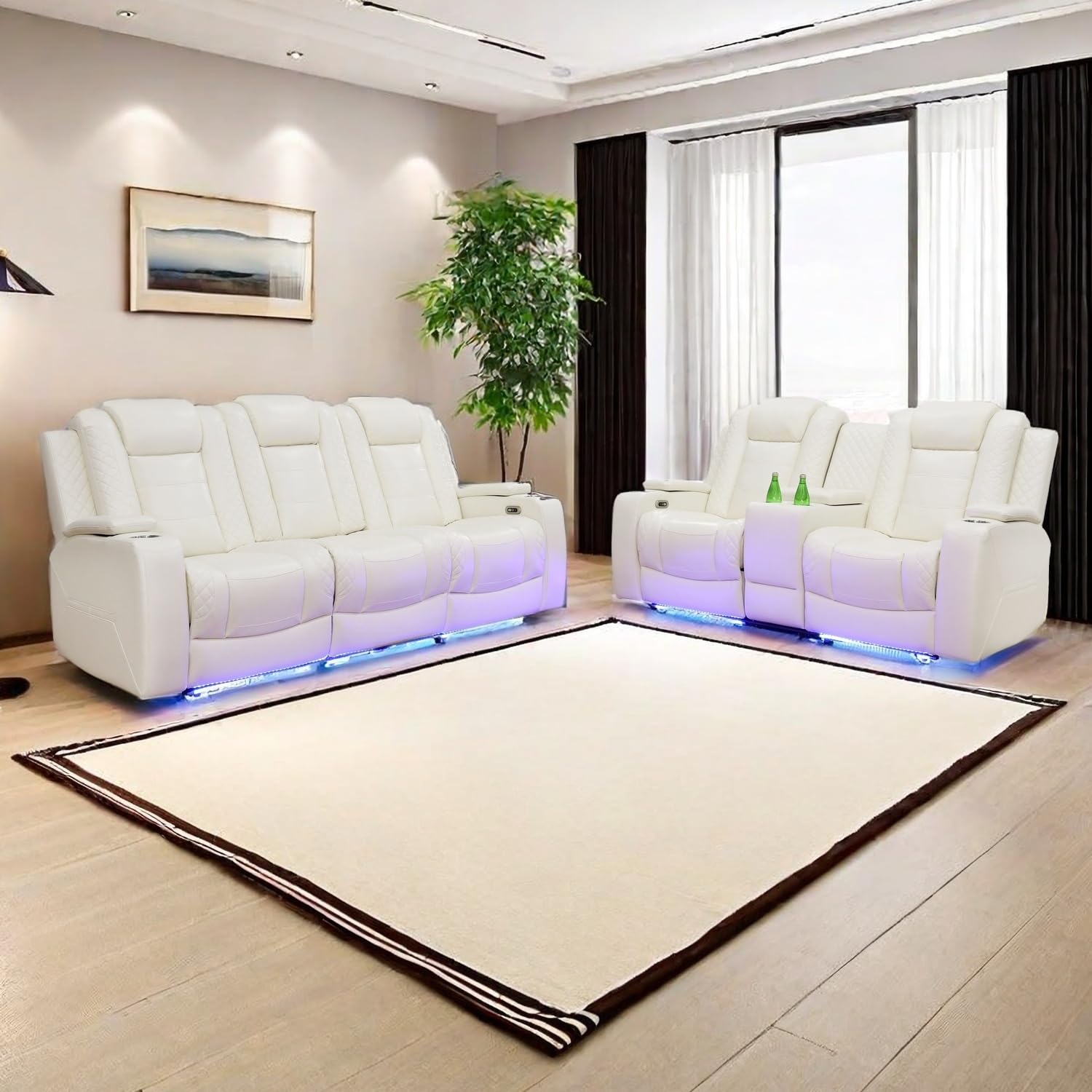 A Ainehome Power Leather Recliner Sofa Set with LED Lights, Recliner Sofa Sectional Couches for Living Room, Reclining Sofa and loveseat with USB Port/Storage Console(Creamy White,Sofa+loveseat)
