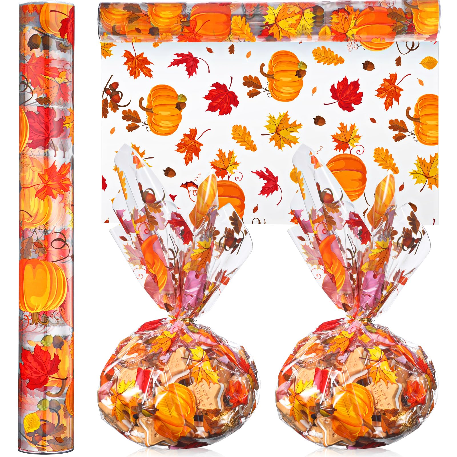 Fall Cellophane Wrapping Paper 100 ft x 16 Inch 2.5 Mil Thick Cello Wrap Roll Crystal Clear Autumn Theme Paper Wrapper Pumpkin Maple Leaf Cellophane Gift Wrap for Treat Small Basket Craft Flowers