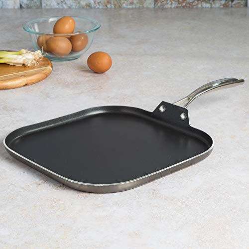 Cooking Light Inspire Non-Stick Square Griddle Pan, Dishwasher Oven Safe, Stainless Steel Handles, 11 Inch, Gunmetal Gray