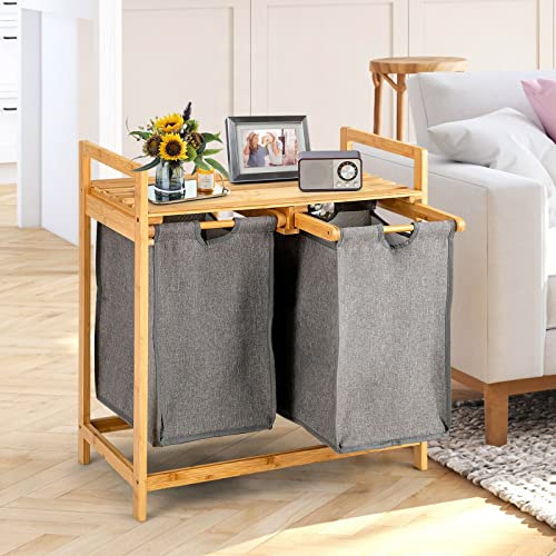 Bamboo Laundry Hamper with Dual Compartments Laundry Sorter and Sliding Bagswith Removable Sliding Bags & Shelf β Wooden Bamboo Laundry Organizer Cabinet for Bathroom (HOOYA1297)