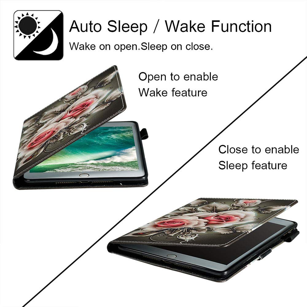 UUcovers Smart Cover for 8" Amazon Kindle Fire HD 8 Tablet 2018/2017/2016 Case 8th/7th/6th Generation with Pencil Holder, PU Leather Magnetic Folio Stand Card Wallet [Auto Wake/Sleep], Black Rose