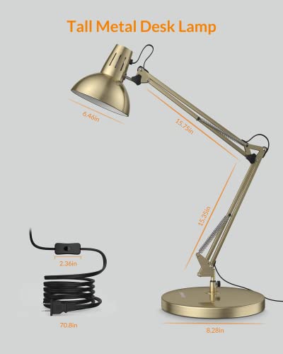 LEPOWER Metal Desk Lamp, Adjustable Goose Neck Architect Table Lamp with On/Off Switch, Swing Arm Desk Lamp with Clamp, Eye-Caring Reading Lamp for Bedroom, Study Room &Office (Brass)