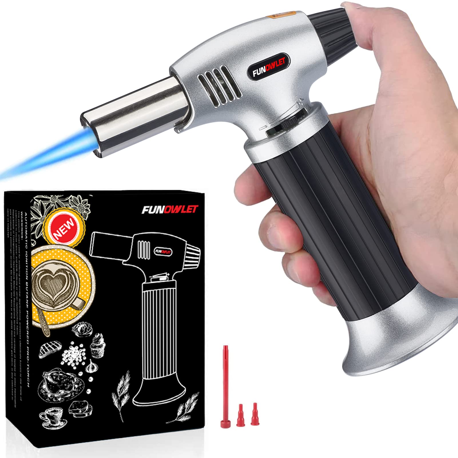 2Pack FunOwlet Butane Torch Lighter, Refillable Kitchen Blow Lighters, Culinary Cooking Torches with Safety Lock and Adjustable Flame for Desserts, Creme Brulee, BBQ, and Baking -Butane Gas Not Includ