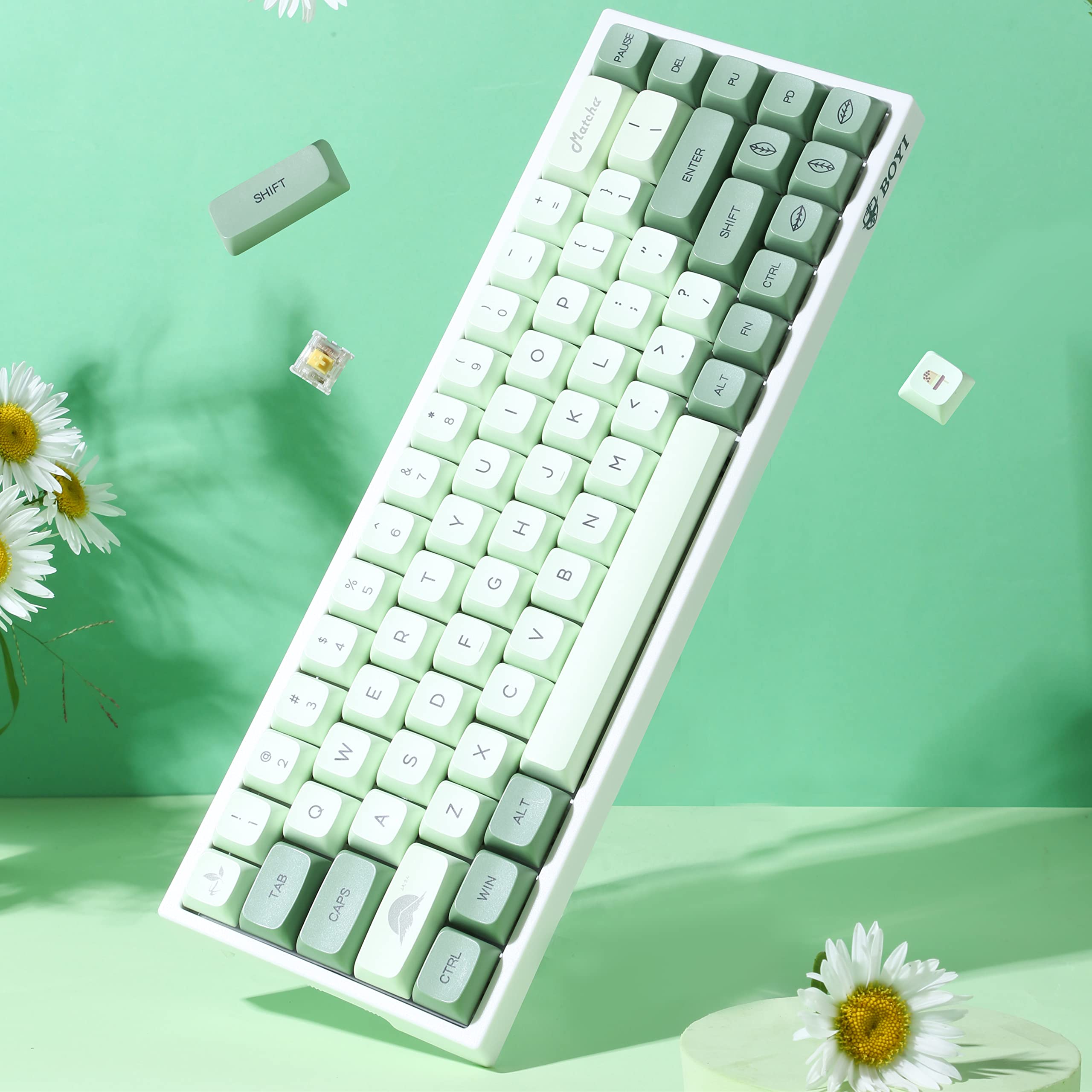BOYI WK68 Hot Swappable RGB Mechanical Keyboard,Wireless Bluetooth 5.0/2.4G/Wired Type-C Tri-Mode PBT Sublimation Keycaps 65% Gaming Keyboard(Gateron Yellow Switch,Matcha XDA Keycaps)