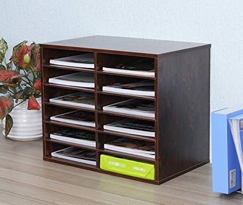 PAG Wood Desktop Literature Organizer Adjustable File Sorter Mail Center Magazine Holder Paper Storage Cabinet Classroom Keepers Mailbox for Office Home School, 12 Compartments, Brown