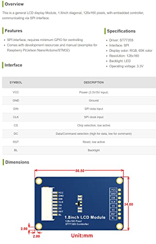 Waveshare 1.8inch LCD Display Module 128x160 Pixels with Embedded Controller Communicating via SPI Interface Compatible with Raspberry Pi/Jetson Nano/STM32