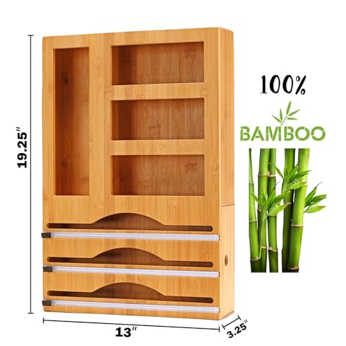 9 IN 1 Bamboo Ziplock Bag Organizer, Foil & Plastic Wrap Dispenser with Cutter for Kitchen Drawer, Ziplock Bag Storage Organizer, Compatible with Gallon, Quart, Sandwich & Snack - Variety Size Bags