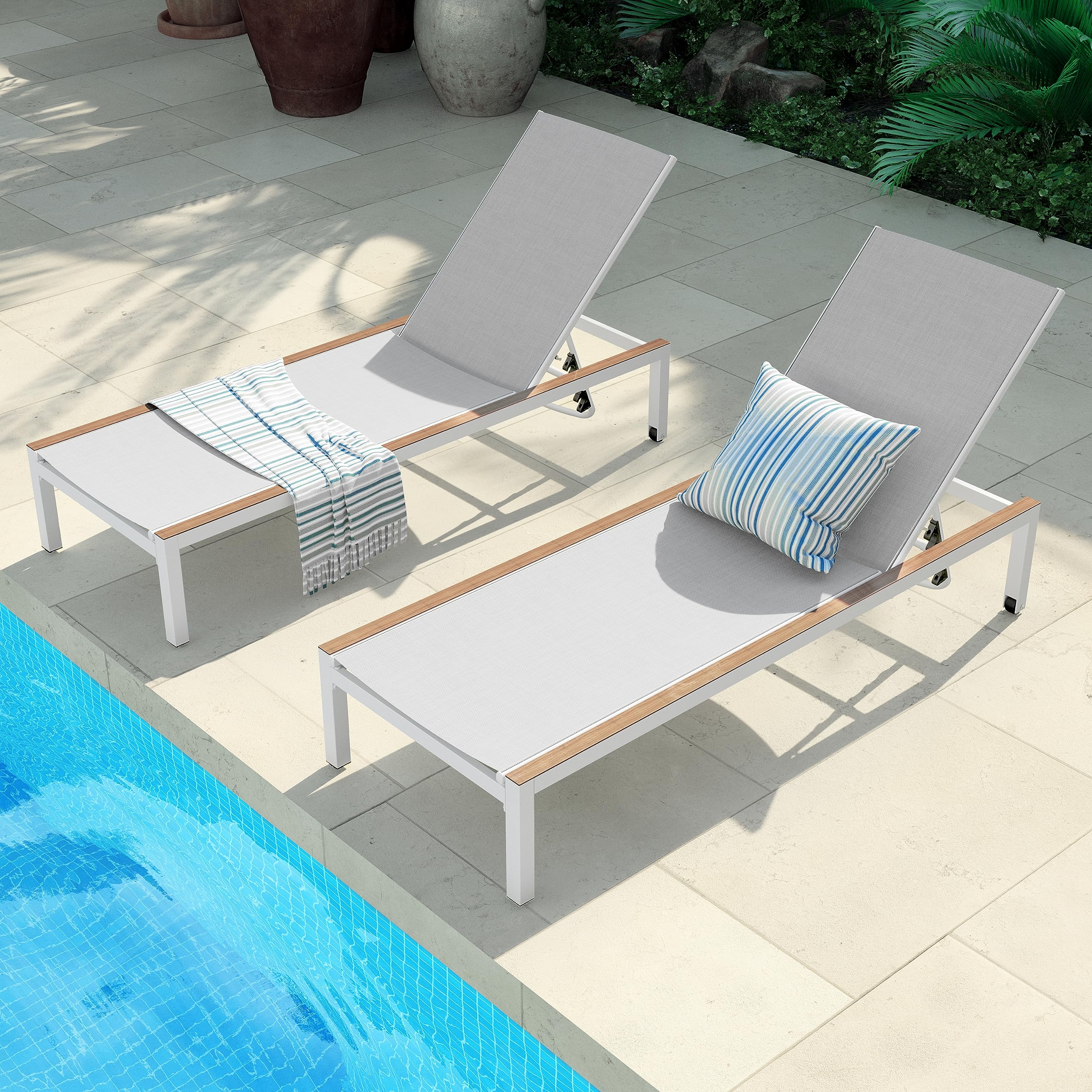 Grand patio Outdoor Chaise Lounge Set of 2 Mesh Sling Lounge Chairs with Woodgrain Texture, Portable Wheels & 4 Adjustable Reclining Backrest Positions for Poolside Beach White 2PCS