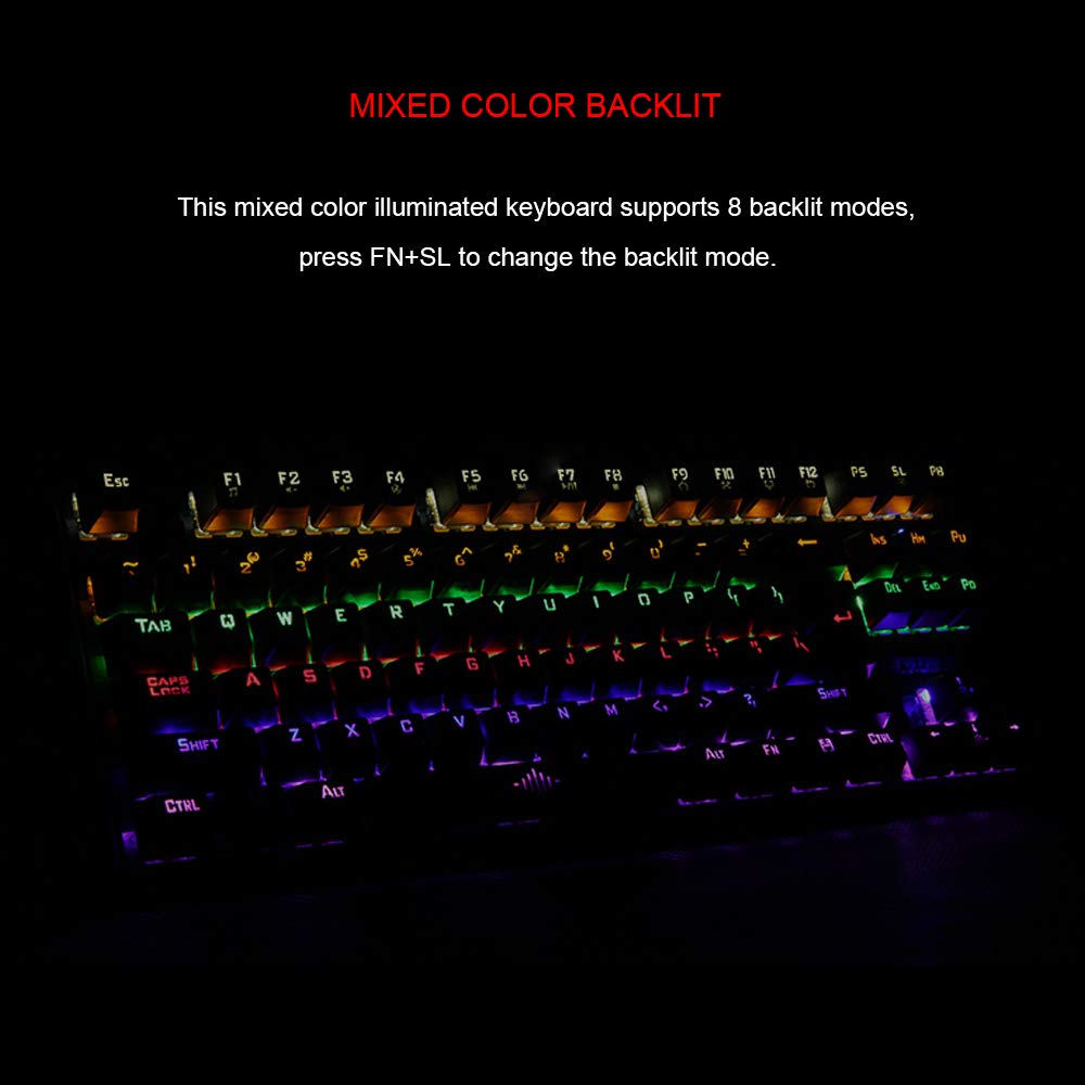 RedThunder K28 Mechanical Gaming Keyboard with Blue Switches, 87 Keys 100% Anti-ghosting Keyboard with Colorful LED Backlight and Big Hand-Rest for PC and Laptop Gamers