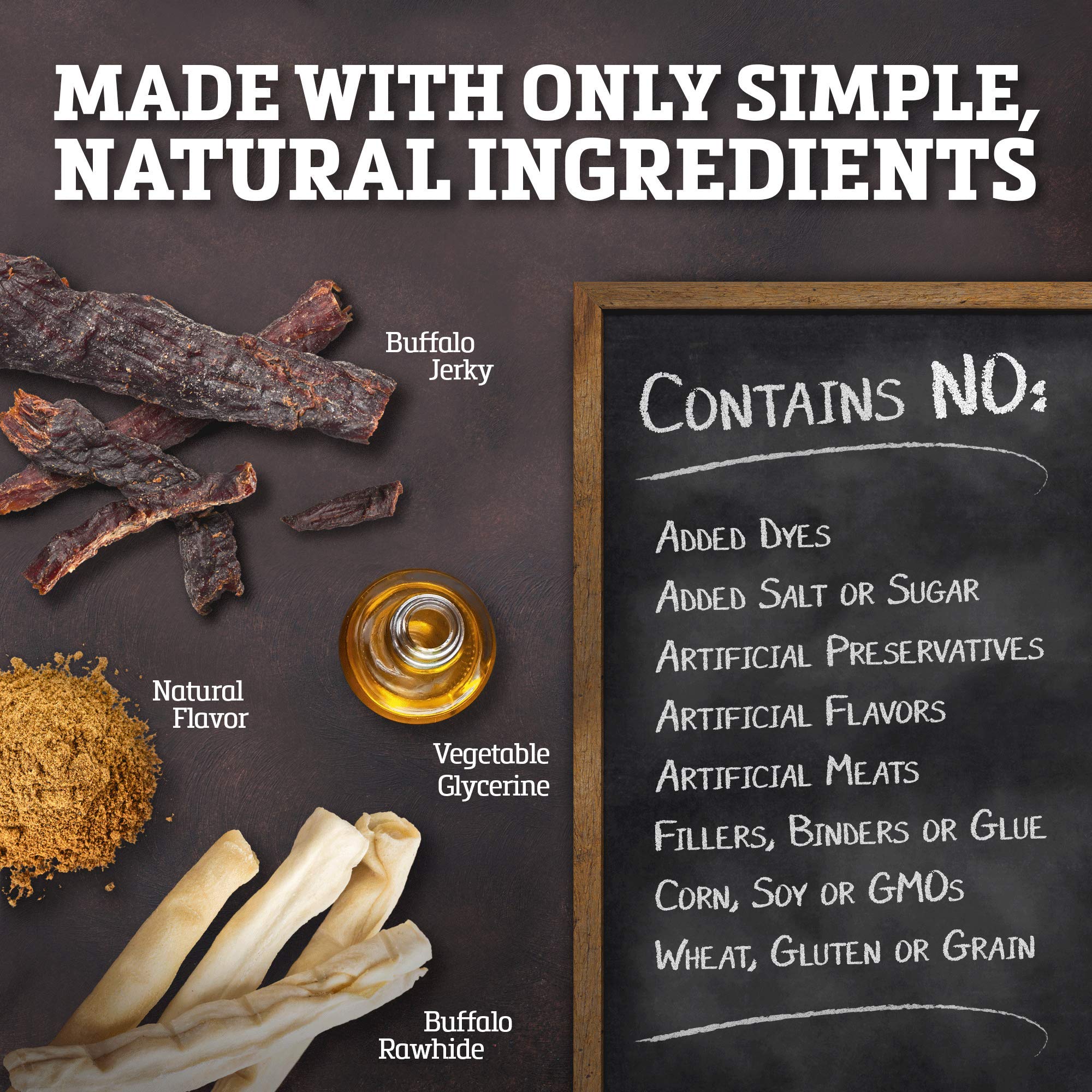 Buffalo Range Rawhide Dog Treats | Healthy, Grass-Fed Buffalo Jerky Raw Hide Chews | Hickory Smoked Flavor | Jerky Twist, 40 Count
