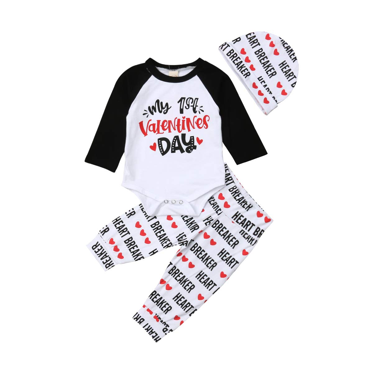 FIOMVA Newborn Infant Baby Boy Girl 1st Valentine's Day Clothes Letter Bodysuit Romper Pants Trousers Hat Set