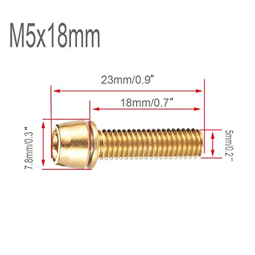 M5x18mm Stem Bolts Titanium Plating Stainless Ti Allen Hex Tapered Head Bolt with Washers Screw for Bicycle Stem Parts Pack of 6(Gold)