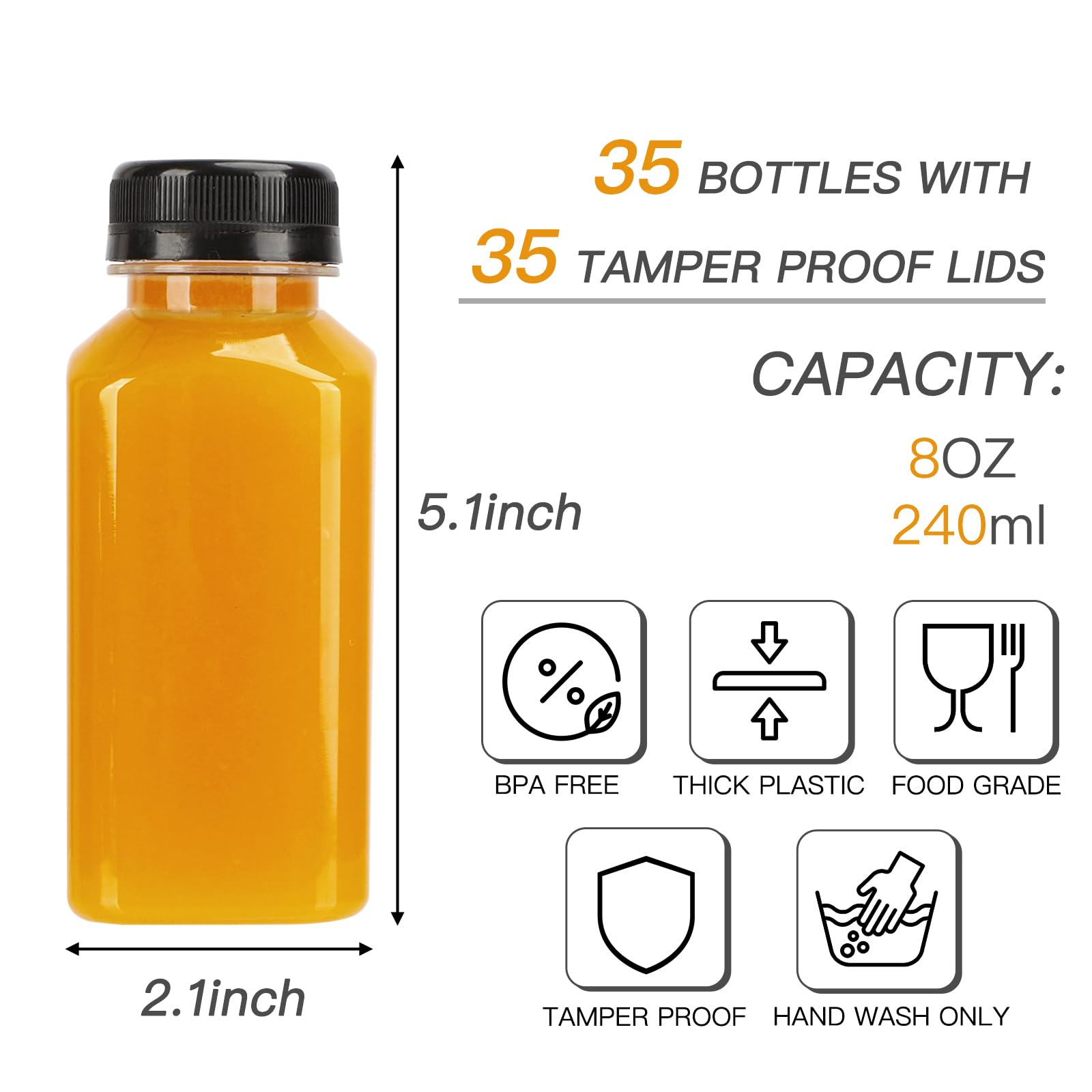 TOMNK 35pcs 8oz Plastic Juice Bottles with Caps, Reusable Clear Bottles with Label, Funnel and Brush Beverage Containers Bulk with Lids for Juicing, Smoothies, Drinking