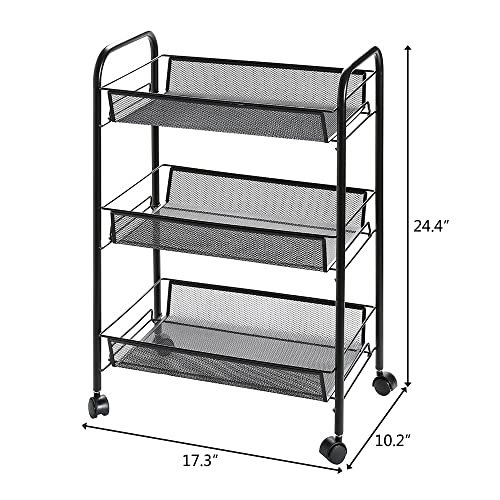 Karl home 3 Tier Storage Cart, Rolling Shelving Unit with Hooks, Trolley Craft cart, for Kitchen Bathroom Office Living Room, Black(17.32" L x 10.24" W x 24.41" H)