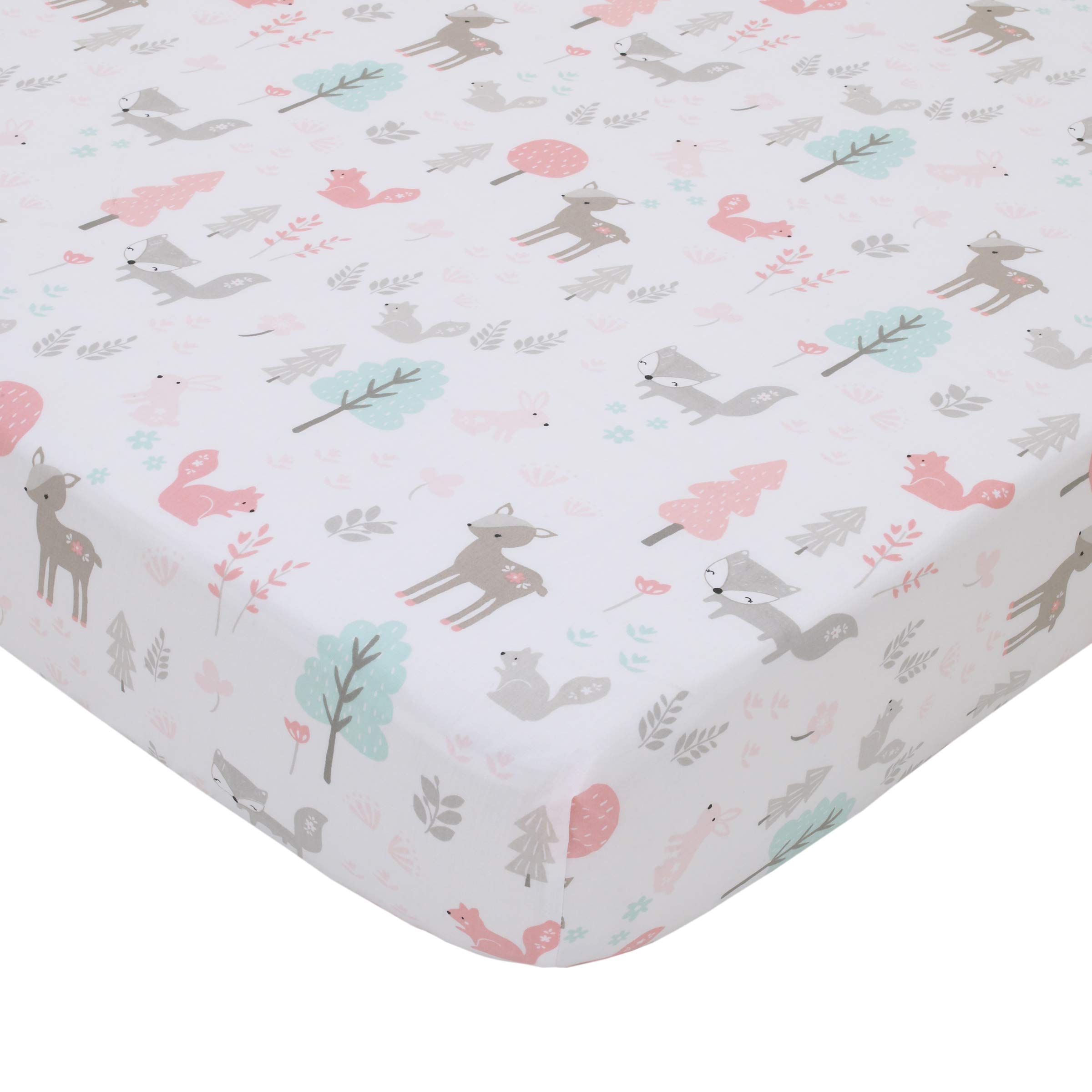 NoJo Sweet Forest Friends - Pink, Aqua, Grey & White 4Piece Nursery Crib Bedding Set - Comforter, Fitted Crib Sheet, Dust Ruffle, Diaper Stacker, Pink, Aqua, Grey, White