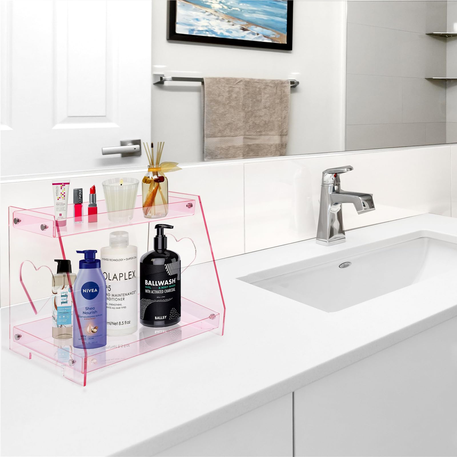 ROYALITA 2 Tier Pink Heart Bathroom Countertop Organizer Display Shelf, Acrylic Tray Vanity Perfume Storage Skincare Organizer for Counter, Cute Bathroom Sink Cosmetic Organizer Shelf