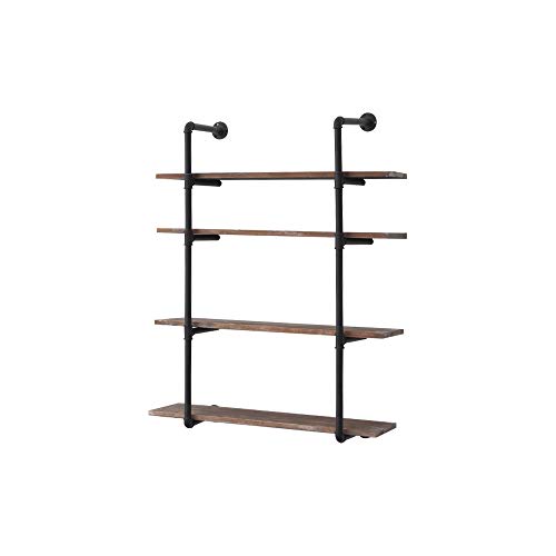 Coral Flower Industrial Pipe Shelving Wall-Mounted 4-Tier Rustic Metal Floating Shelves Wood Book Shelves Wall Shelf Unit Bookshelf Hanging Wall Shelves,Gray