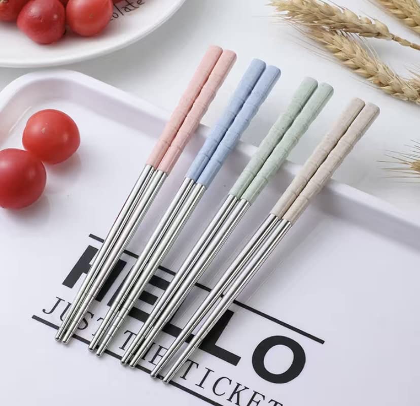 4 Pairs Chopsticks, Household Creative Tableware, Stainless Steel Chopsticks, Outdoor Portable Tableware Chopsticks Food Sticks With Wheat Straw, 7.46in (Pink)