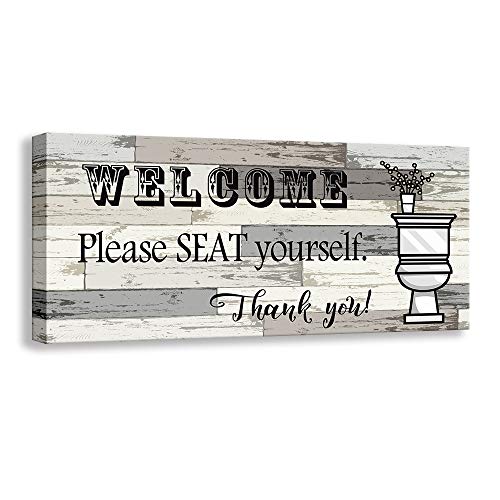 Kas Home Funny Vintage Bathroom Canvas Wall Art | Rustic Bathroom Welcome Prints Decorative Signs Framed | Restroom Washroom Wall Decor (6 x 12 inch, Welcome - 01)