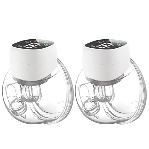 Breast Pump Hands Free, Wearable Breast Pumps for Breastfeeding, Electric Portable Wireless Pump with 3 Modes & 9 Levels, 24mm Flange 3 Inserts, Comfortable & Leakproof, LED Display-2 Pack White
