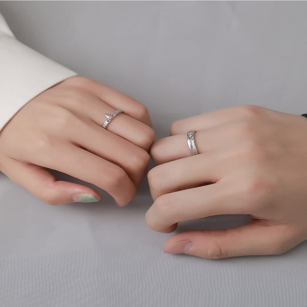 2PCS Adjustable Rings Couples Promise Engagement Rings for Him and Her Couples You Rings (Tree And Bird), Silver