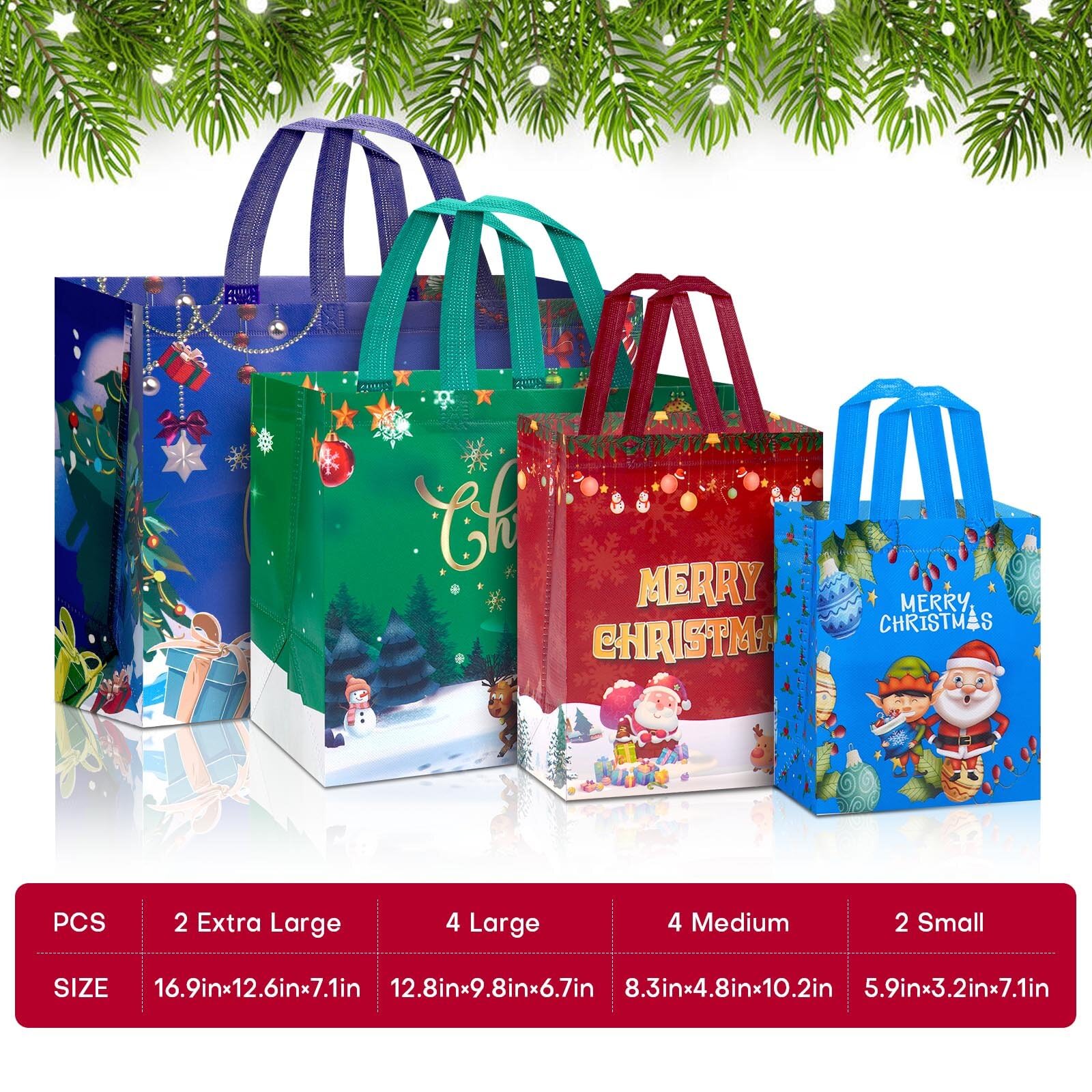 Fayayuan 24 Pack Christmas Gift Bags Assorted Sizes, Reusable Tote Bags Includes 4 Extra Large 17",8 Large 13",8 Medium 10",4 Small 8" Non-Woven Christmas Bags for Xmas Party Supplies
