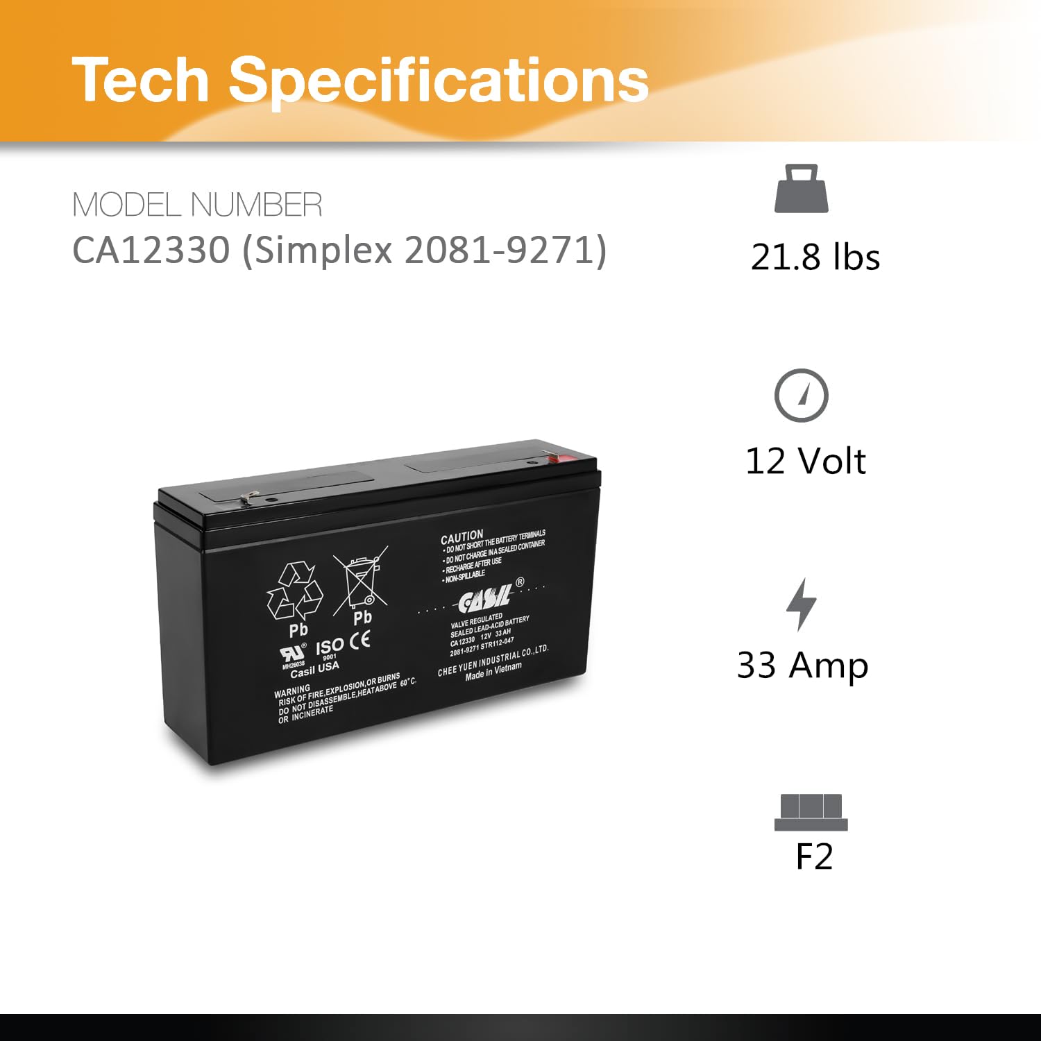 Casil 12V 33Ah Replacement Battery Compatible with Simplex 2081-9271 Fire Alarm Control Panel 2 Pack