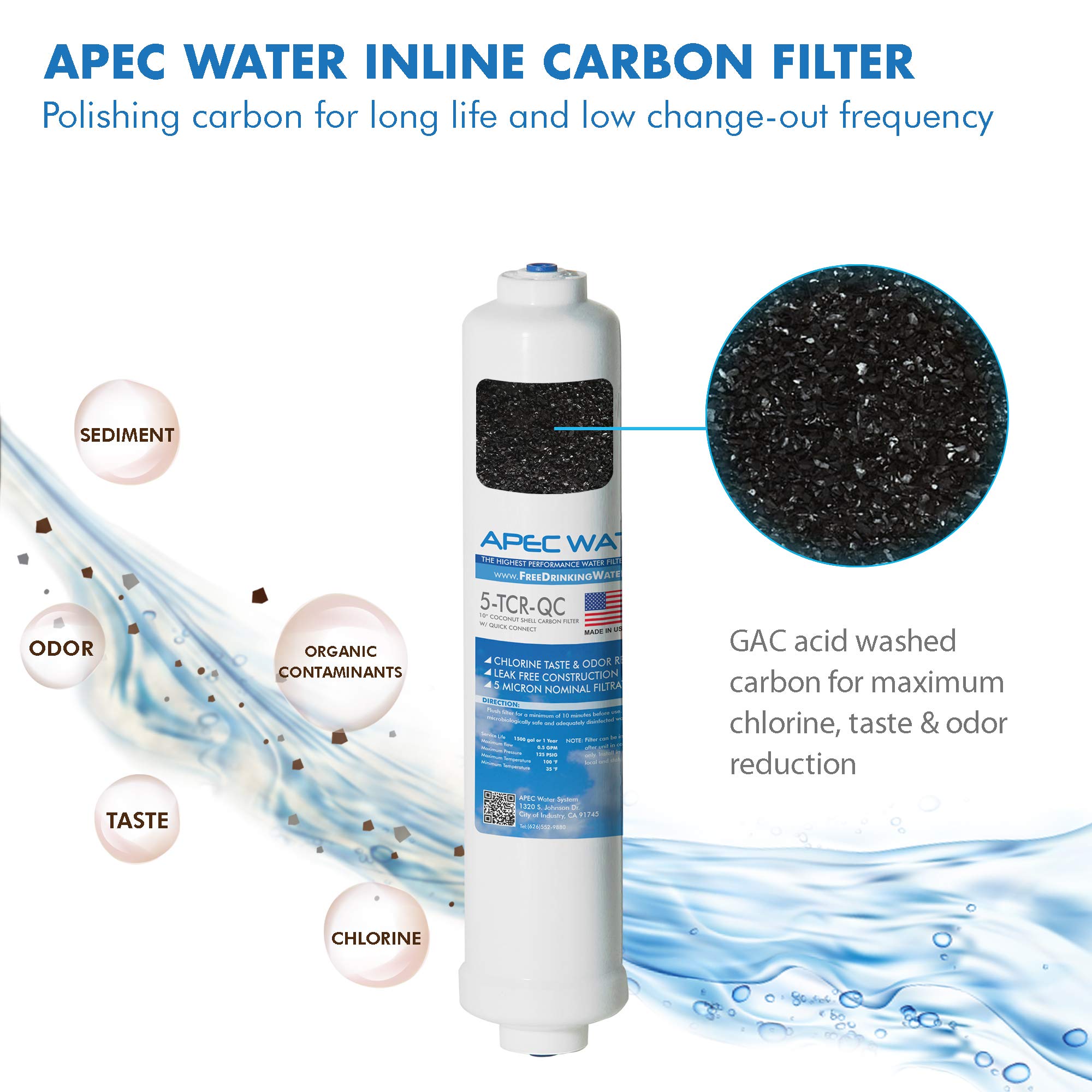 APEC Water Systems APEC 5-TCR-QC US MADE 10" Inline Carbon Filter with ¼” Quick Connect For Reverse Osmosis Water Filter System (For Standard System), White
