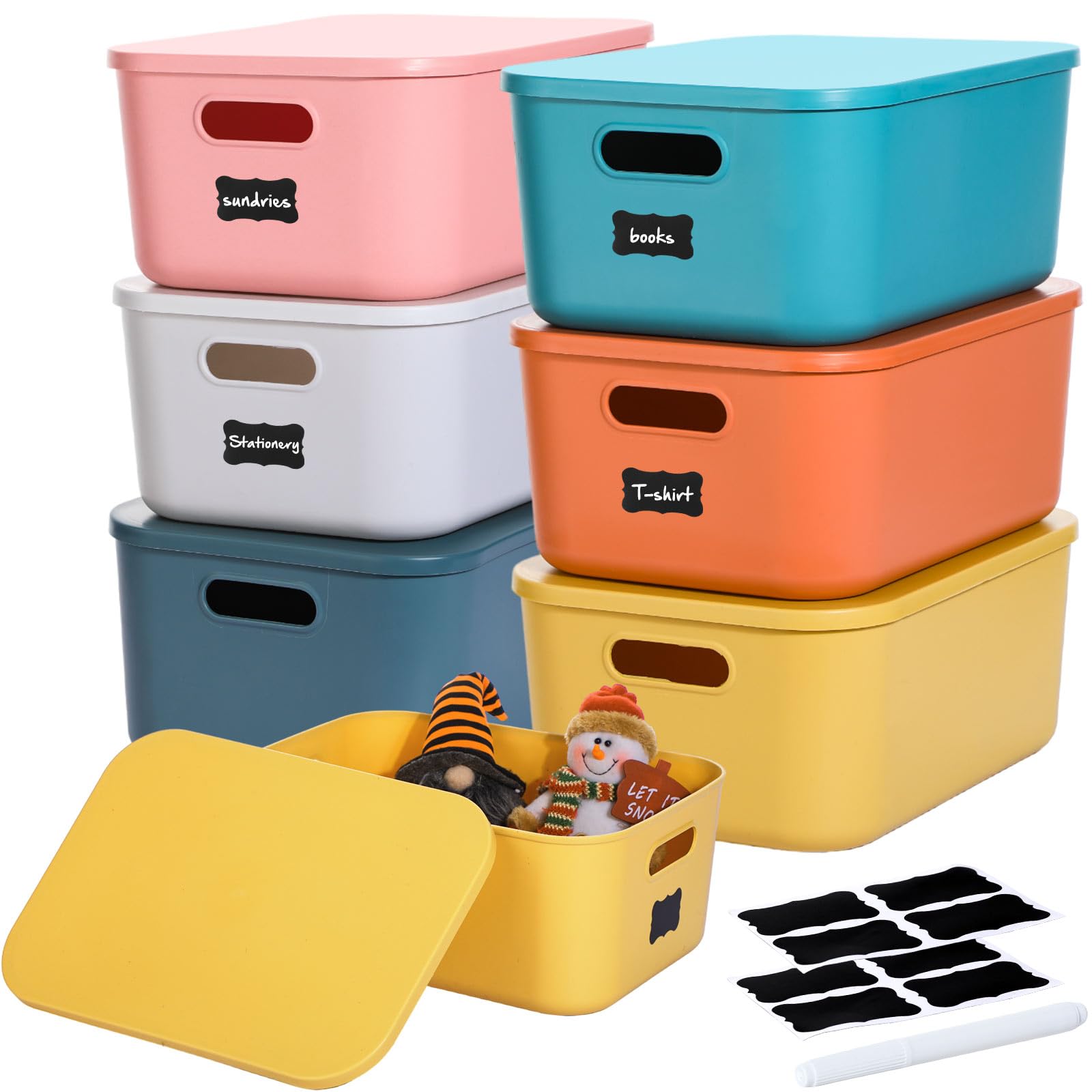 Thyle 6 Pcs 14 In Colorful Plastic Storage Bins 6 Colors Stackable Large Capacity Plastic Desktop Storage Box with Handles Lids, Labels and Marker for Office Classroom Cabinet (14 x 10 x 6 Inch)