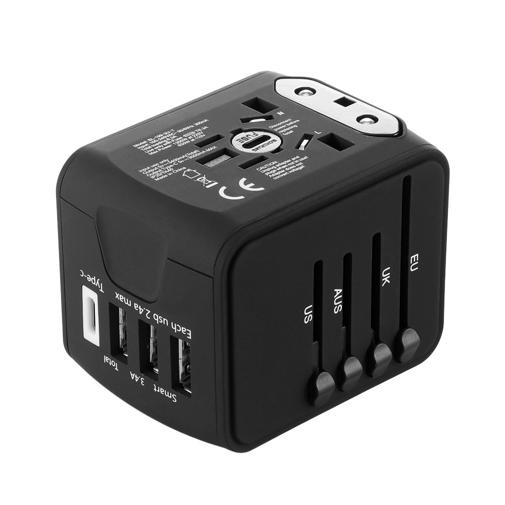 Universal Travel Adapter,All in One Universal Power Adapter for 150 Countries 3usb+Type C (Black)