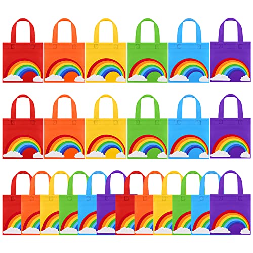 Aneco 24 Pieces Rainbow Non-Woven Bags Tote Gift Bags Rainbow Party Bags Birthday Bags with Handles for Party Favors, 8 by 8 Inches, 6 Colors