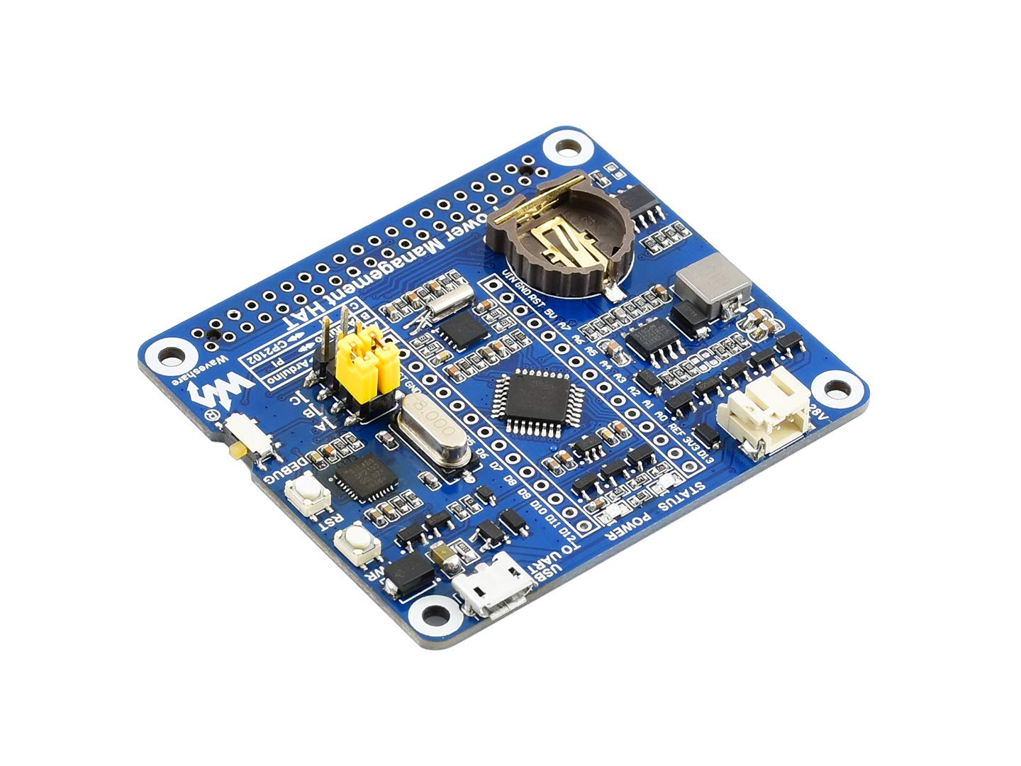 Waveshare Power Management HAT for Raspberry Pi with Embedded MCU and RTC Allows The Pi to Work More Power-efficient and More Safely.