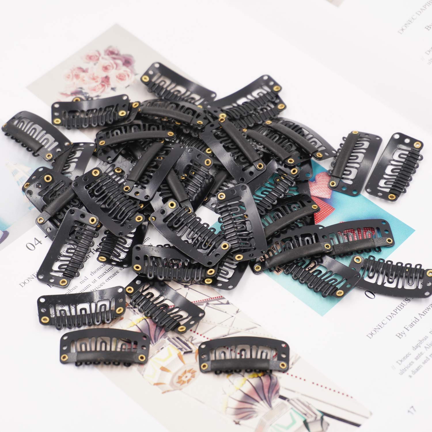 Honbay 50PCS 6-Teeth U-Shape Snap Clips for Hair Extensions - 3.3cm/1.3inch (Black)