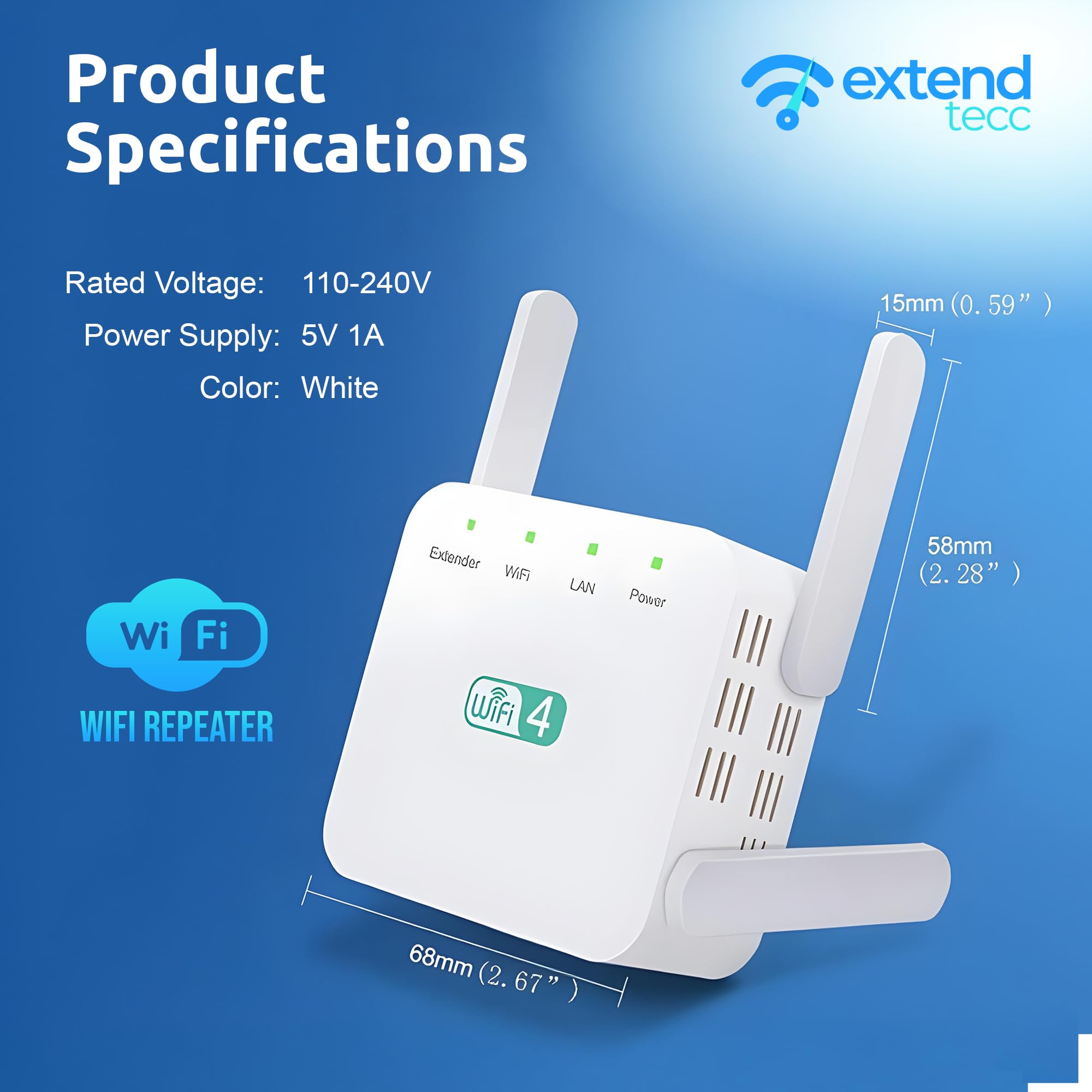 Extendtecc WiFi Booster Wireless WiFi Extender Signal Booster 300Mbps, WiFi Repeater Wireless Signal Booster 2.4 GHz Dual Band 4 Antennas 360ยฐ Full Coverage Internet Extender