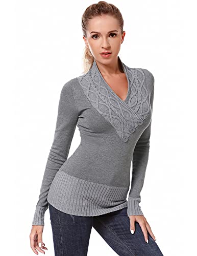 AmélieBoutik Women Crossover Cable Knit V Neck Long Sleeve Pullover Sweater (Gray Large)