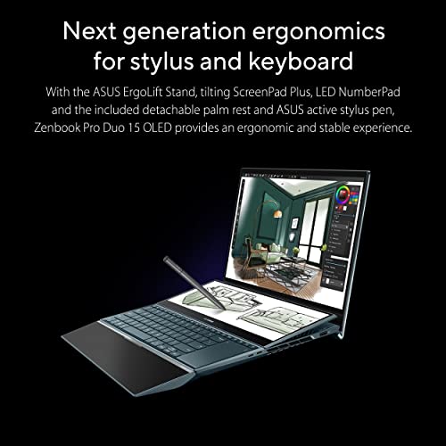 ASUS ZenBook Pro Duo 15 UX582 Laptop, 15.6β OLED 4K Touch Display, i7-12700H, 16GB, 1TB, GeForce RTX 3060, ScreenPad Plus, Windows 11 Home, Celestial Blue, UX582ZM-AS76T