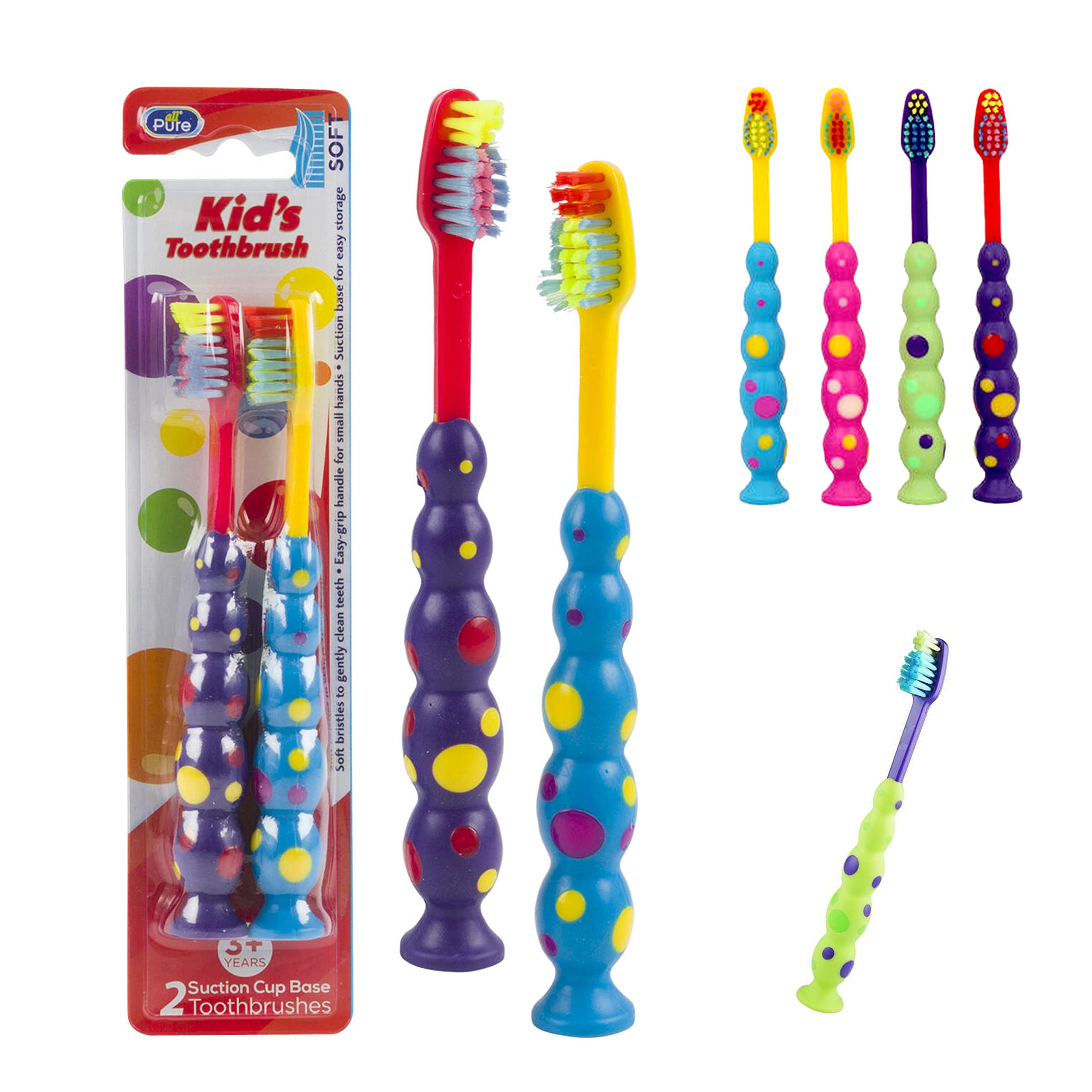 gHTN 4 X Ball Polka Dot Toothbrush Set Suction Cup Stand Soft Bristles Kids Oral Care