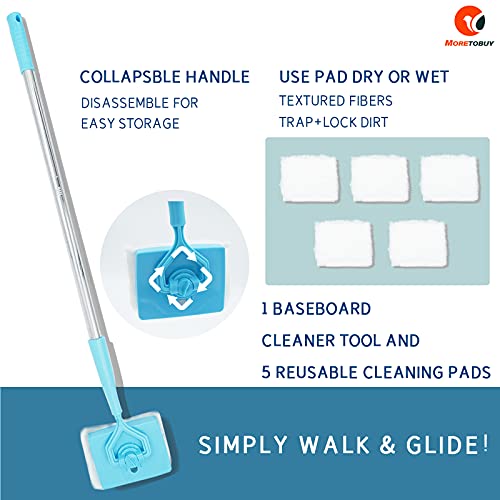 Baseboard Cleaner Tool with Handle 5 Reusable Cleaning Pads by No-Bending Mop Baseboard Cleaner Tool Long Handle Adjustable Baseboard Molding Tool for Bathroom Microfiber Cleaning