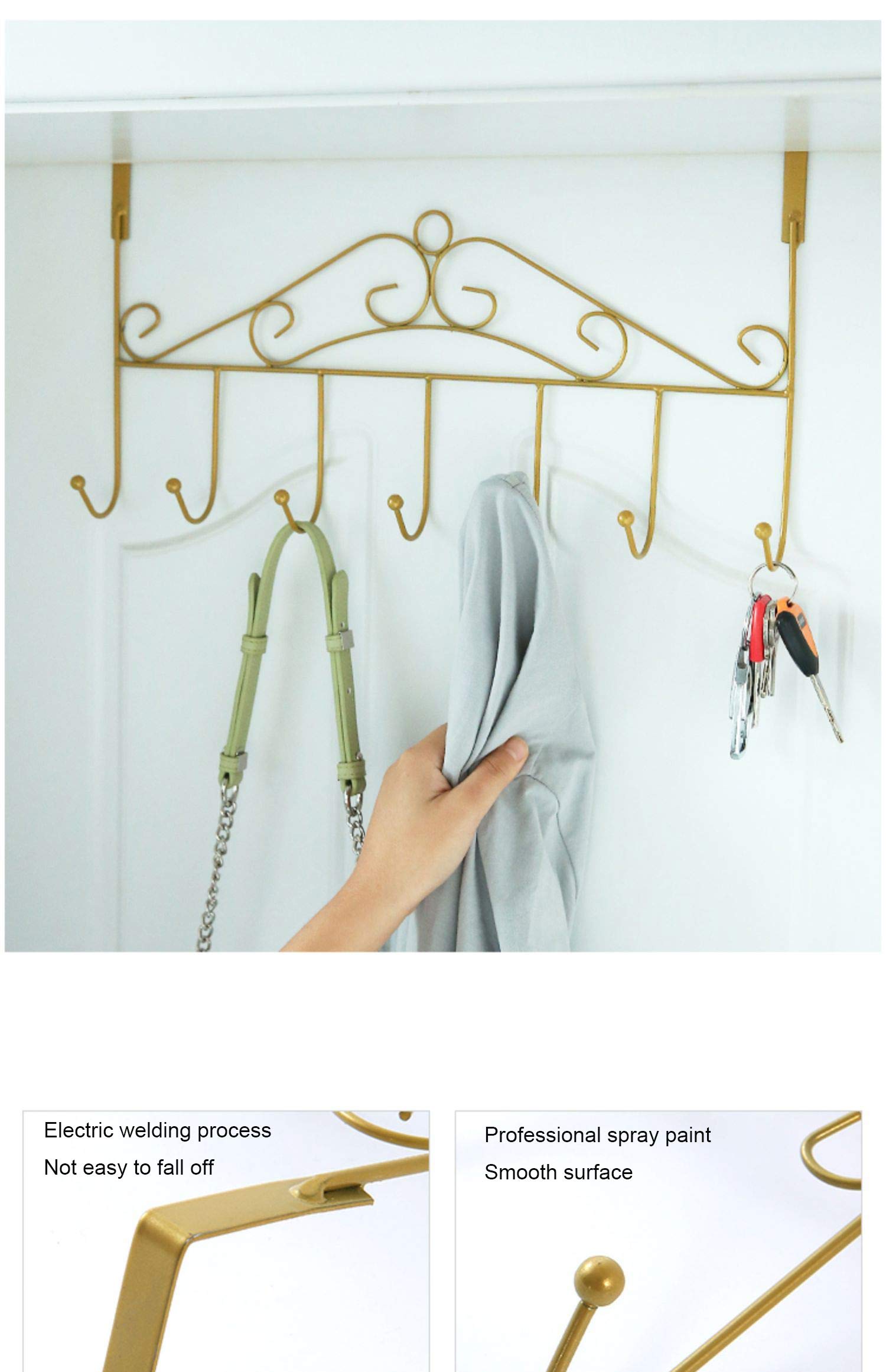 eywlwaar Gold Over The Door Hooks 7 Hanger Rack Heavy Decorative Metal Rack for Home Use Hats Coats Key Bag Clothes Scarfs Hooks (Golden)