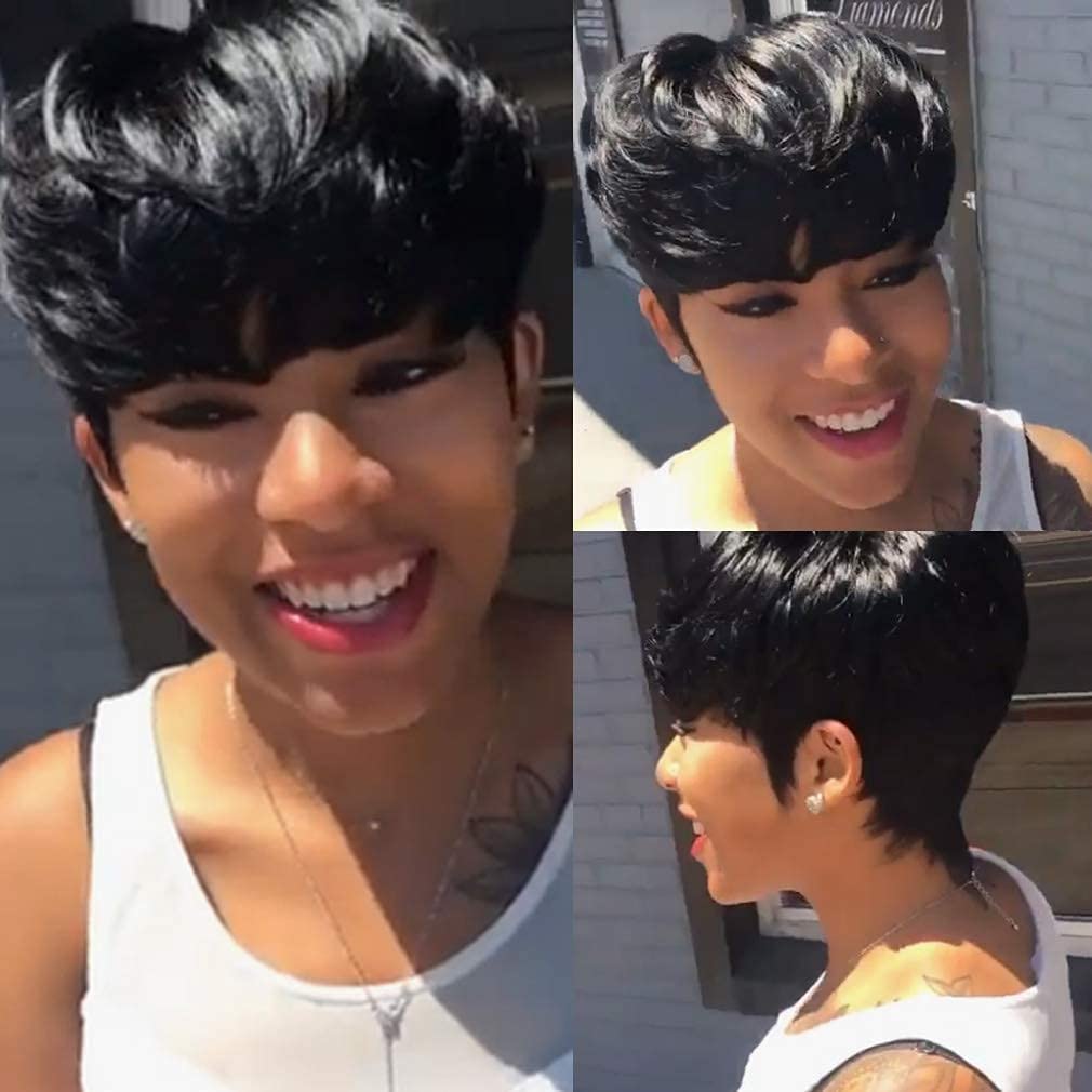 VCK Short Human Hair Wigs for Black Women Short Layered Human Hair Wigs Pixie Cut Wigs for Black Women with Bangs Layered Wigs Human Hair Glueless 1B Color Brazilian Virgin Full Machine Made Wig