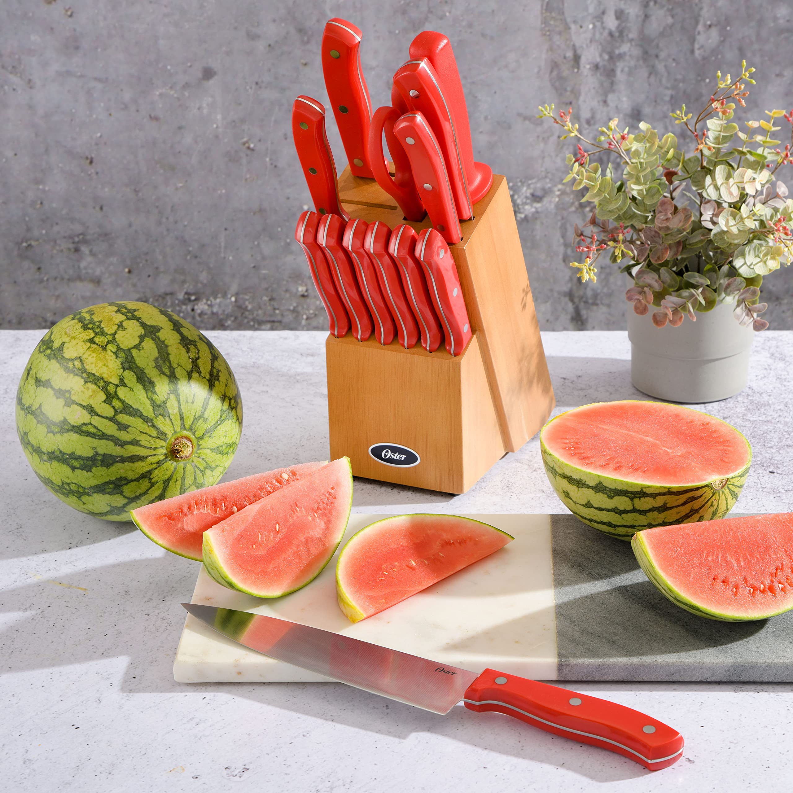 Oster Scottsdale Stainless Steel Kitchen Knife Cutlery Block Set (14-Piece), Red