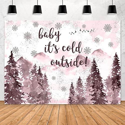 Aperturee Mountain Baby Shower Backdrop 7x5ft Baby It's Cold Outside Girl Party Decorations Banner Snow Forest Snowflake Photography Background Woodland Adventure Gender Neutral Party Supplies